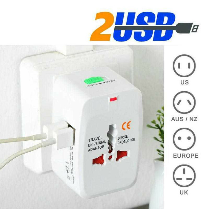Jual Travel Adapter EU AU UK US Plug with 2 USB Port Stop Kontak ...