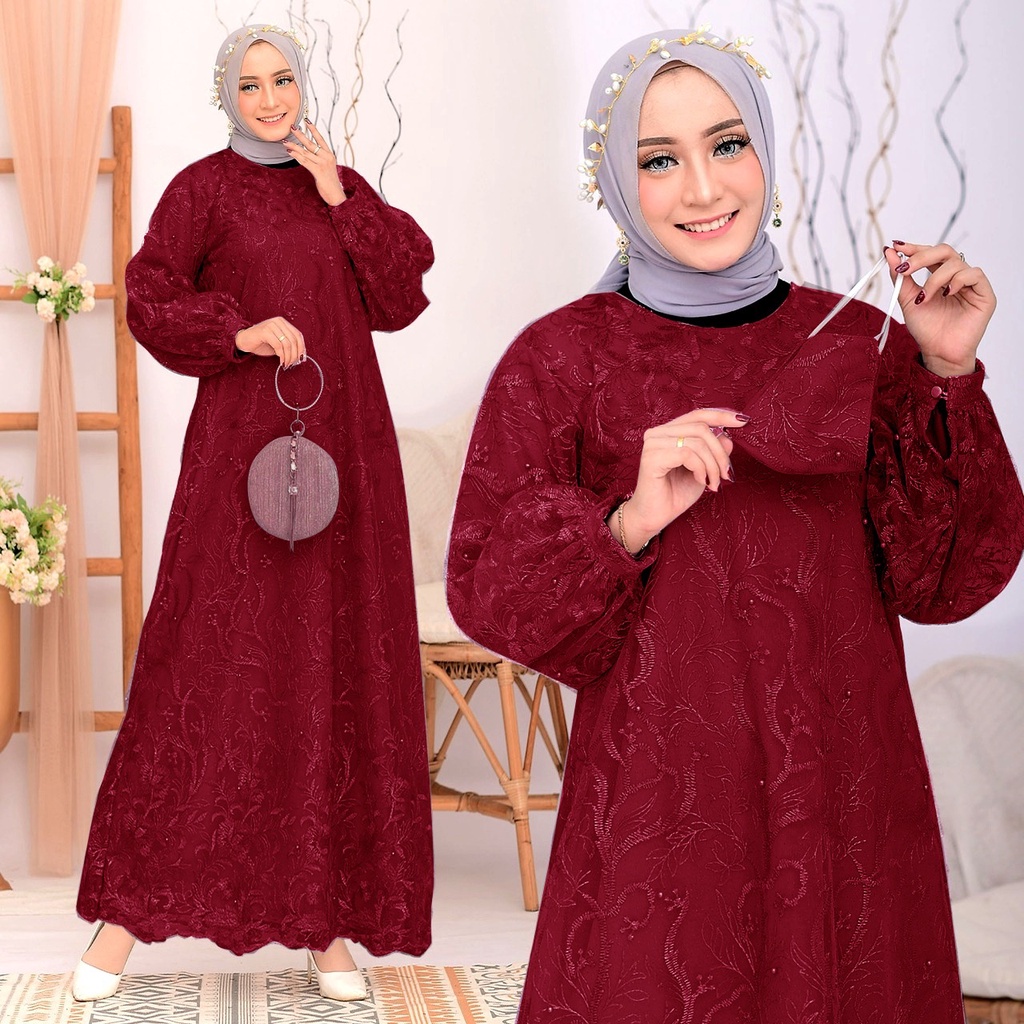 Jual (New Free Masker Brukat) Arumi Full Brukat Tile Mutiara / Size S-M, L , XL, XXL / Gamis ...