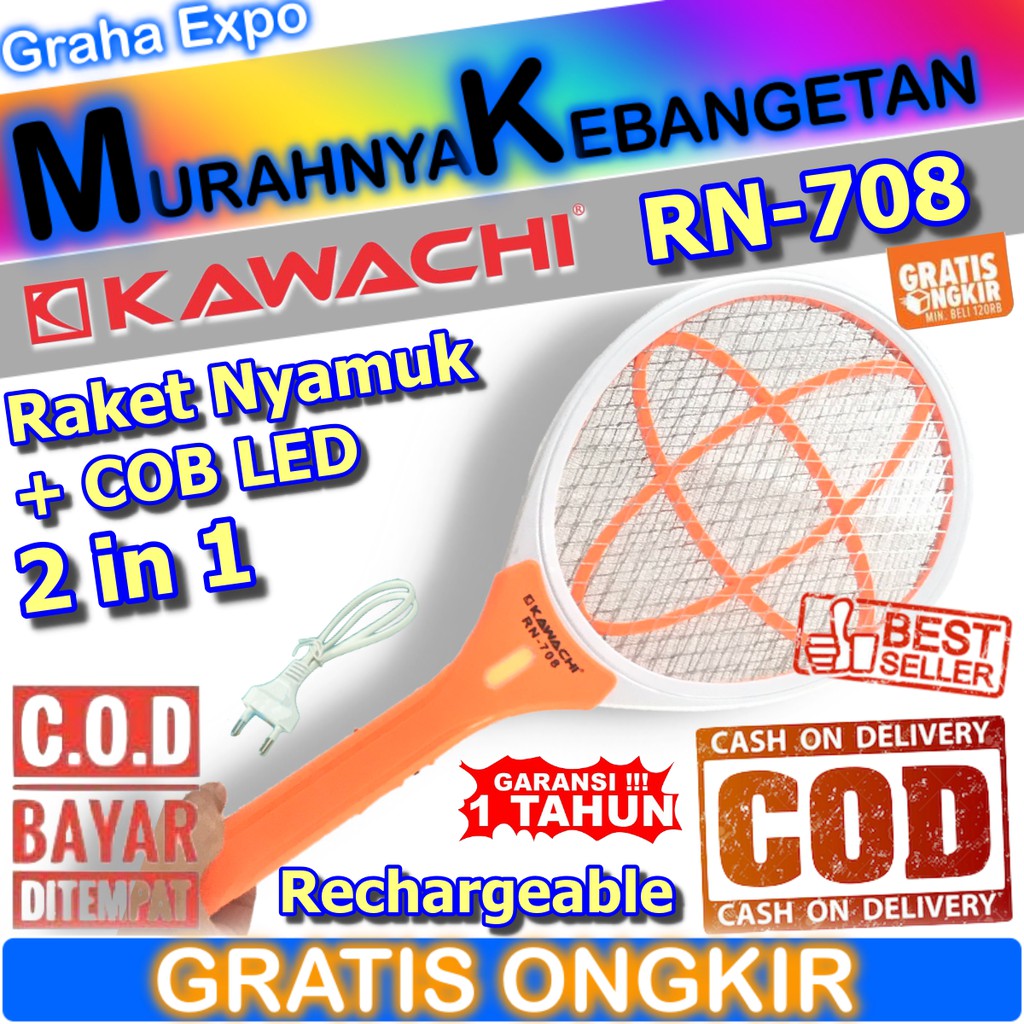 Jual Kawachi Raket Nyamuk Listrik 2 in 1 Senter COB LED RN 708 Isi ...