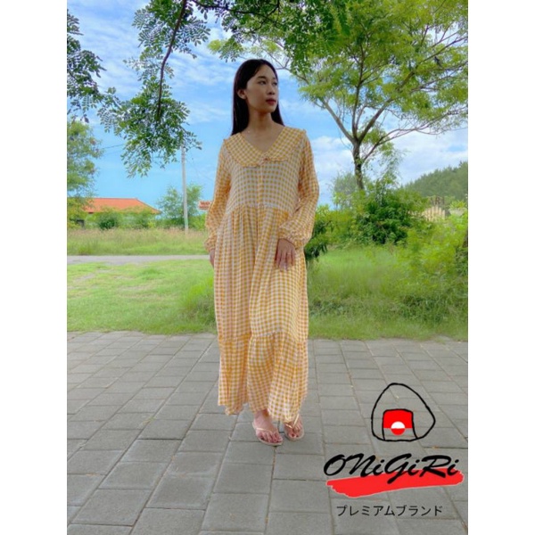 Jual Long Dress Korea Busui Motif Kotak Panjang Warna Yellow Kuning ...