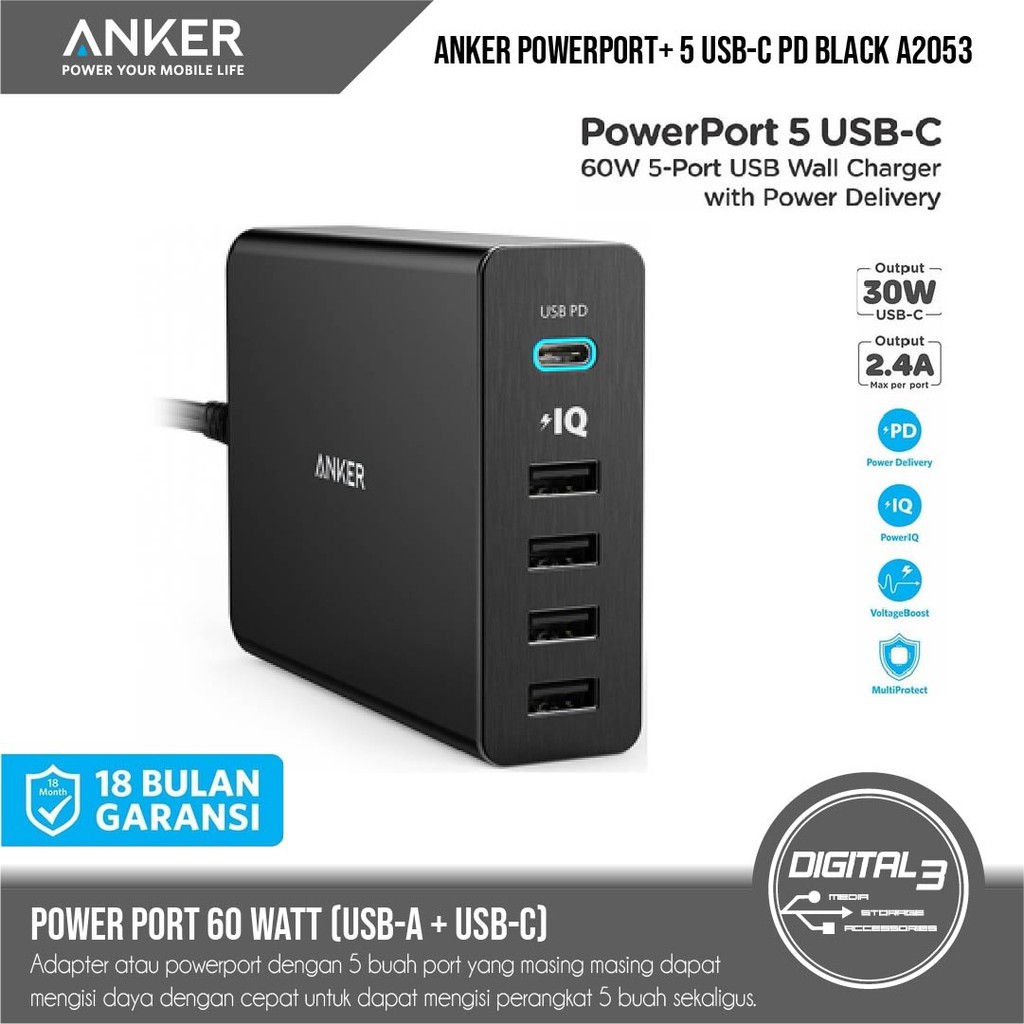 Jual Anker PowerPort+ 5 Ports USB-C Anker Multiport with Type C Charger ...