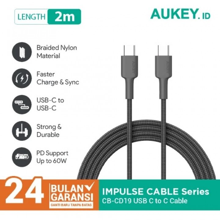 Jual TOP5093 AUKEY CB-CD19 - Impulse Cable CC - Kabel Type-C ke Type-C ...
