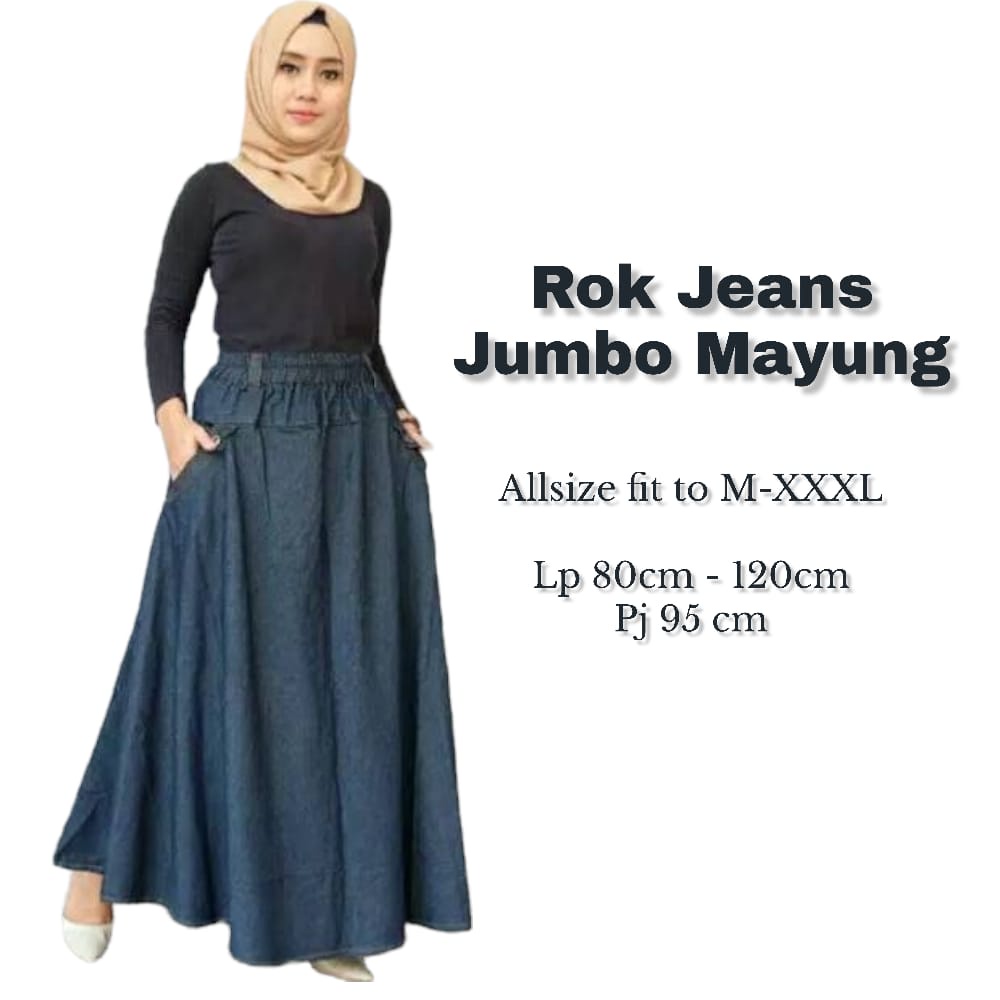 Jual (COD)Rok Jeans Panjang Jumbo Mayung Modern Rok Klok Umbrella Skirt ...