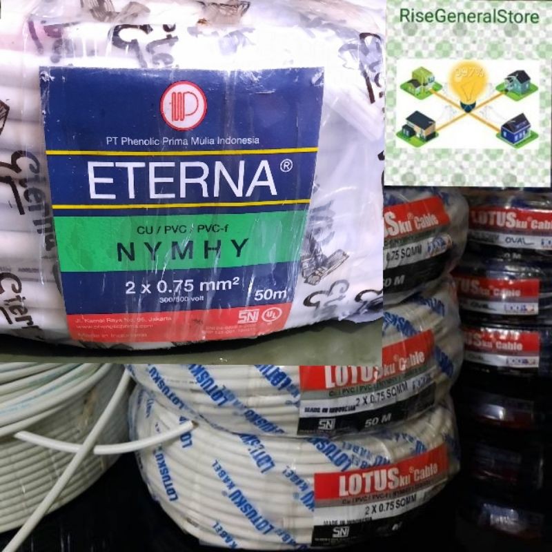 Jual Kabel Listrik 2x0.75 50m/roll NYMHY LOTUS KU/ETERNA bulat Serabut Tembaga Murni SNI KHA 10A ...