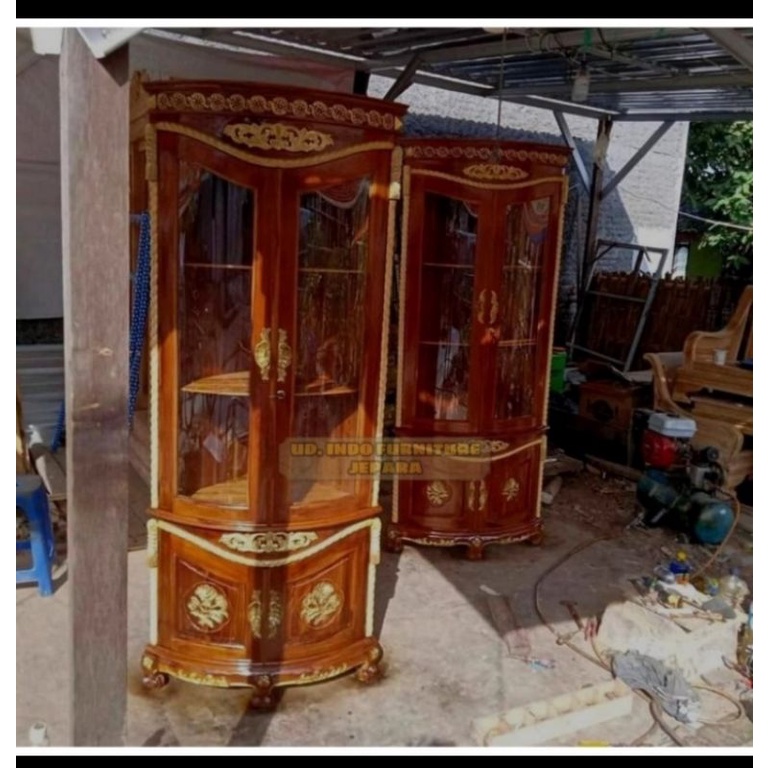 Jual lemari rak kaca ruangan pojok hias pajangan kayu jati ukir warna ...