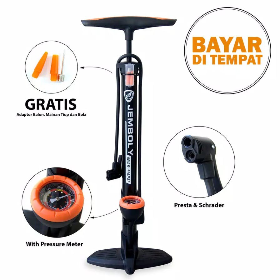 Jual POMPA LANTAI SEPEDA / FLOOR PUMP JEMBOLY ORANGE DUAL HEAD 116 psi ...
