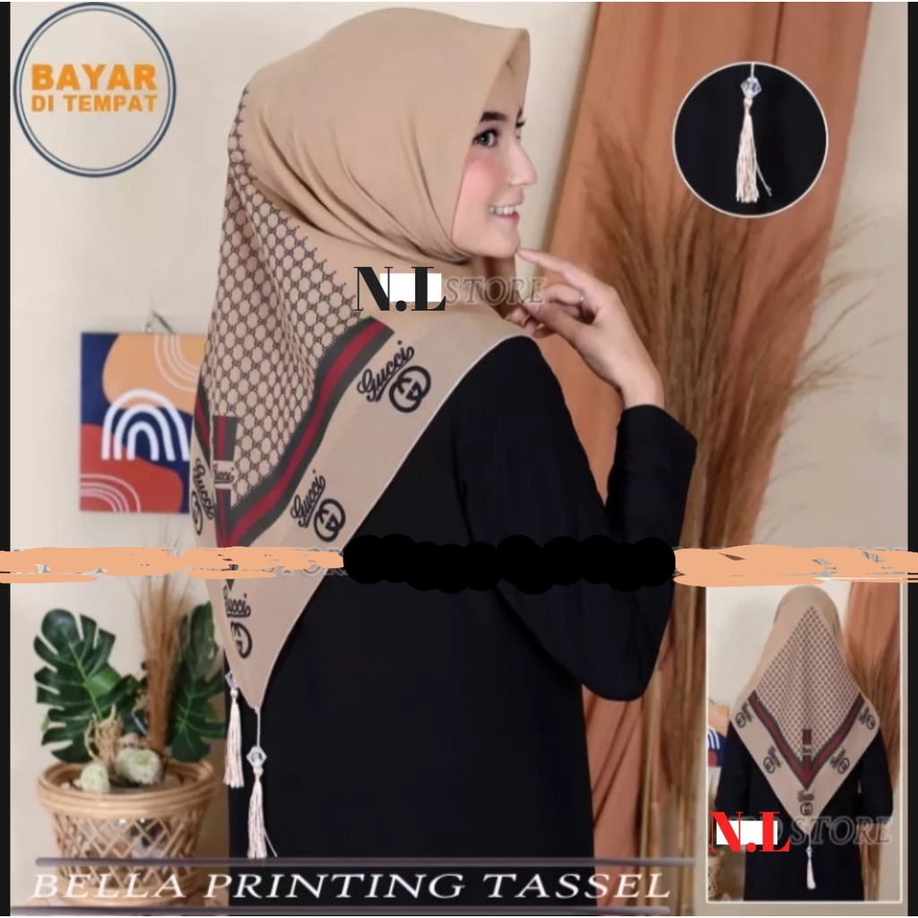 Jual Hijab Printing Motif Terbaru jambul Tassel Mutiara /Bella Square ...