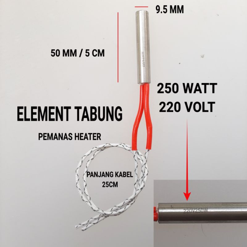 Jual element pemanas mesin cartridge heater tube 50 x 9.5mm 220V 250W ...