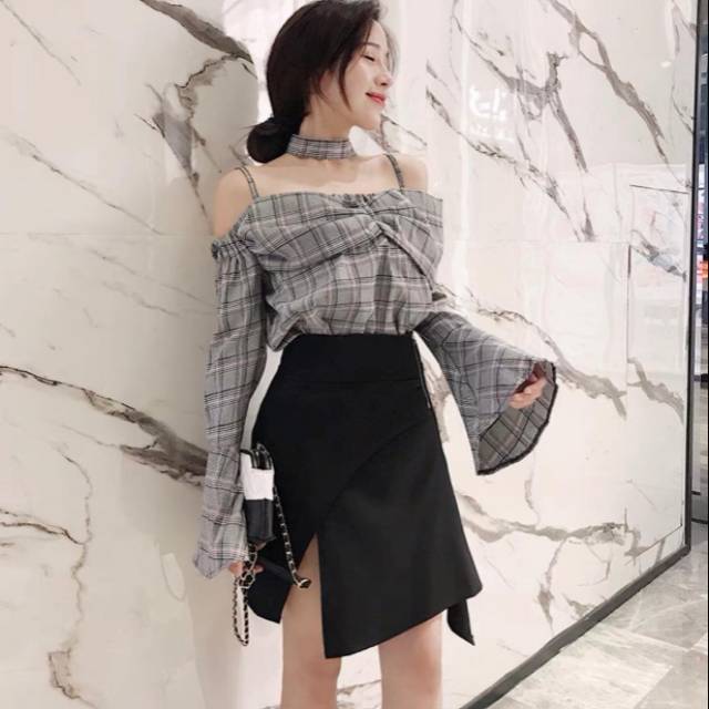 Jual Kerah sabrina kotak abu-abu / off shoulder kotak abu-abu | Shopee ...