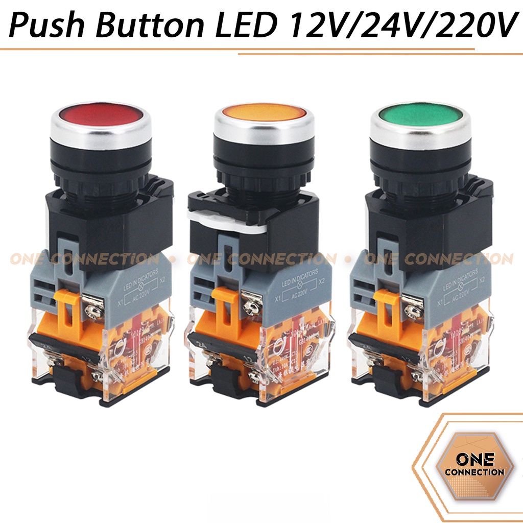 Jual Illuminated Push Button LED 12V/24V/220V 22mm Self Return LA38 ...