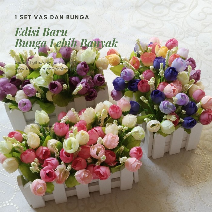 Jual Set Bunga Hias Vas Pot Pagar Kayu Mawar Plastik Palsu Shabby Murah ...