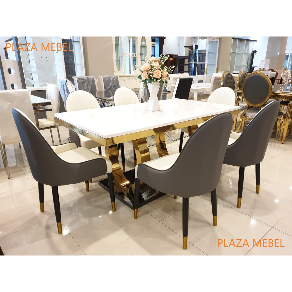 Jual Meja Makan Import Marmer Putih Stainless Gold MEWAH H802 6 Kursi ...