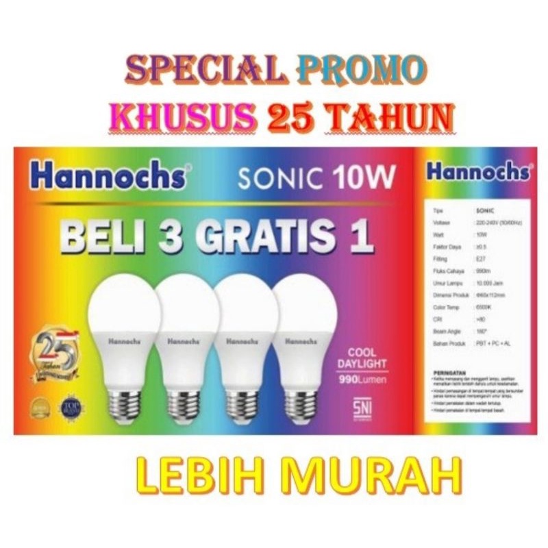 Jual LAMPU LED BULB HANNOCH SONIC 10 W PAKET 3 BONUS 1 EDISI SPECIAL | Shopee Indonesia