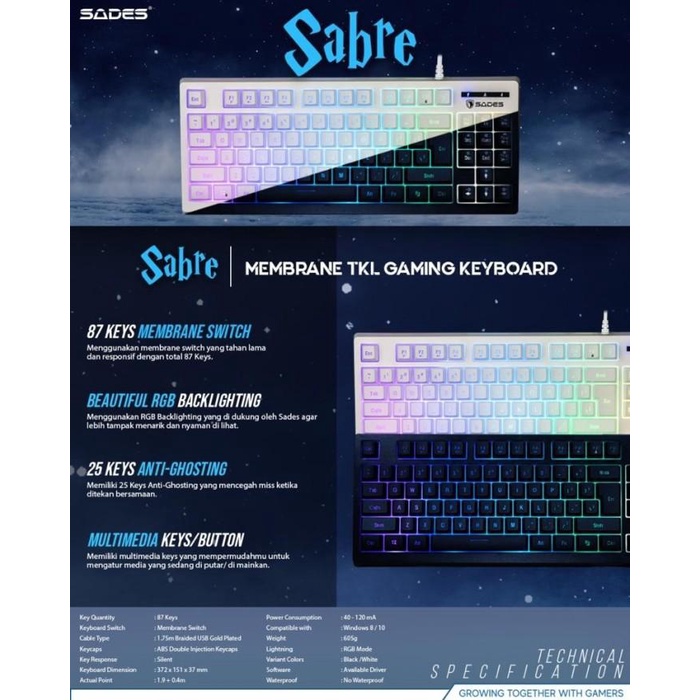 Jual Nay / Sades Sabre White Tkl Membrane Gaming Keyboard | Shopee ...