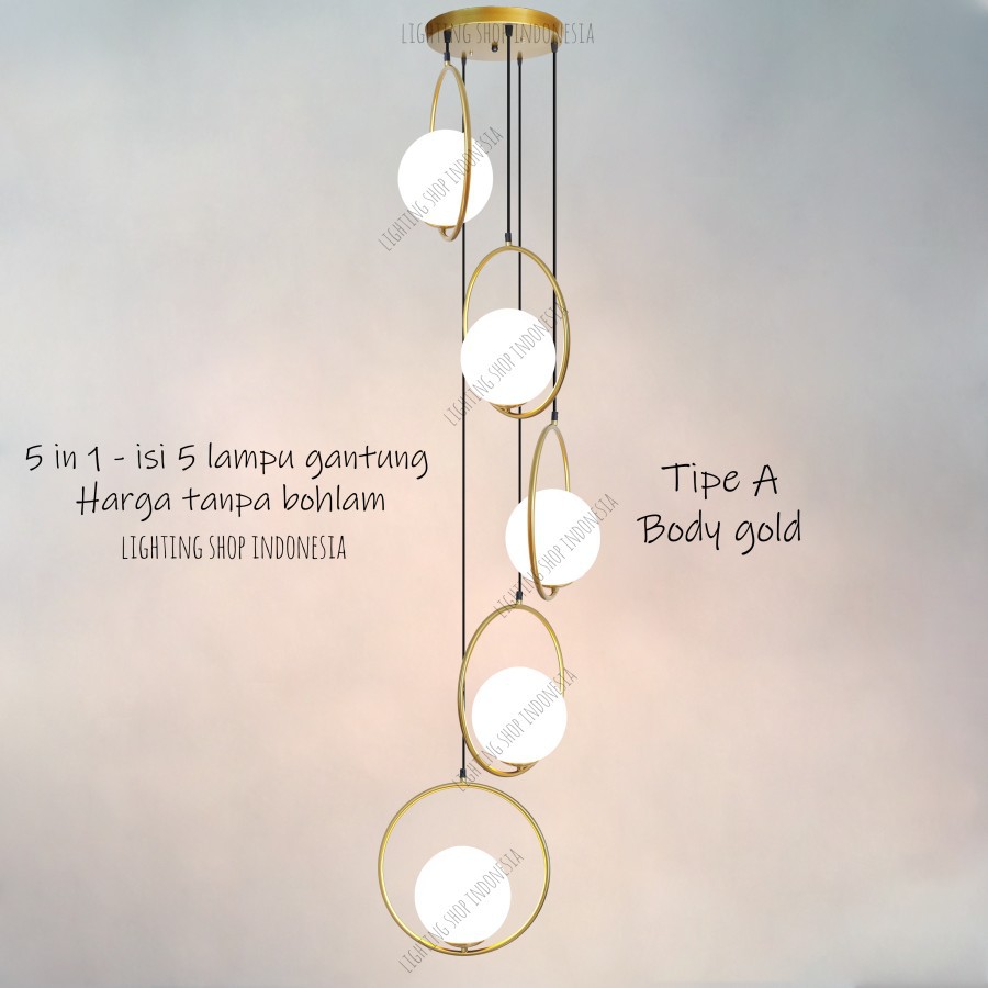 Jual Lampu gantung void tangga 5in1 gold hitam kaca modern minimalis 5lampu | Shopee Indonesia