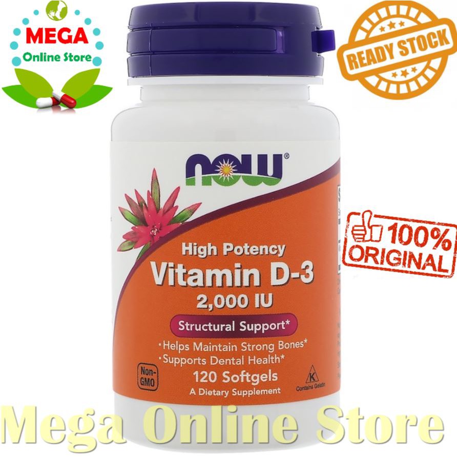 Jual NOW Vitamin D3 2000 IU High Potency 120 Softgels | Shopee Indonesia