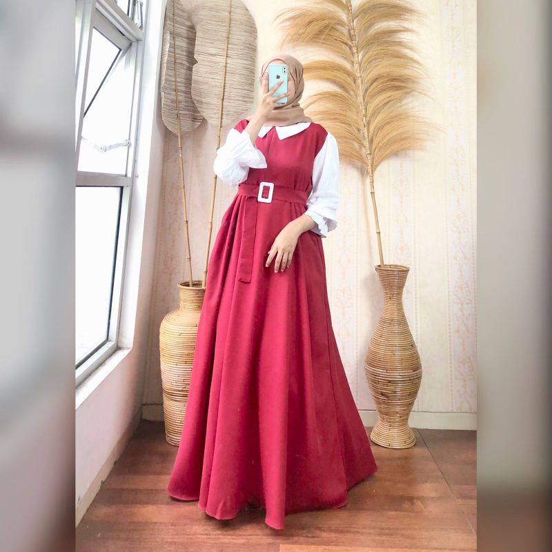 Jual gamis casual merah putih dress code agustusan kemerdekaan real ...