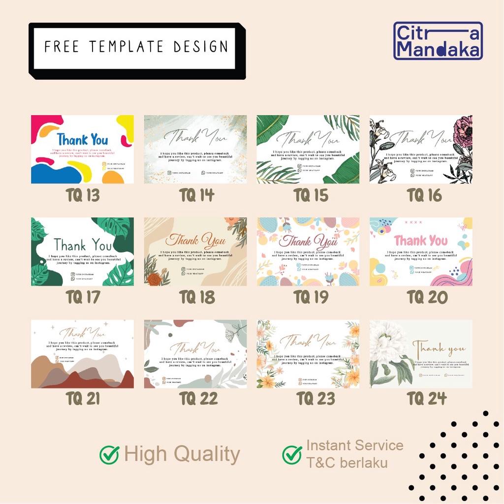 Jual Cetak Thank You Card 1 Sisi Kartu Ucapan Custom Terima Kasih | Thanks Card | Greeting Card ...