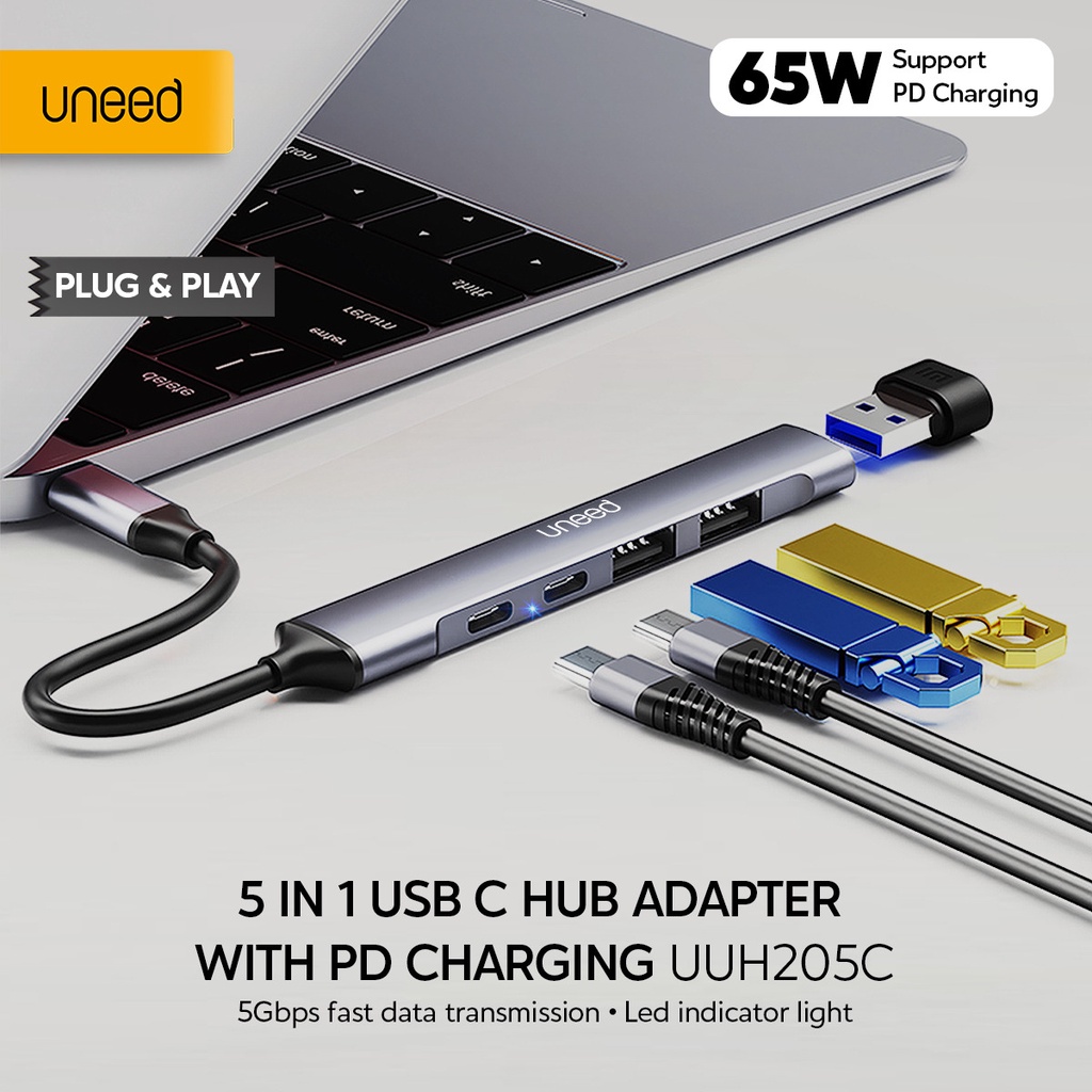 Jual UNEED USB Hub Type C 5 in 1 USB 3.0 PD Charging 65W - UUH205C ...