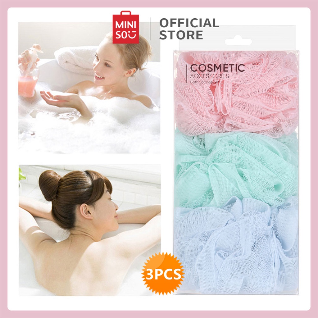 Jual MINISO Spons Mandi 3 Pcs Bubble Shower Puff Bath Sponge Jaring Set ...