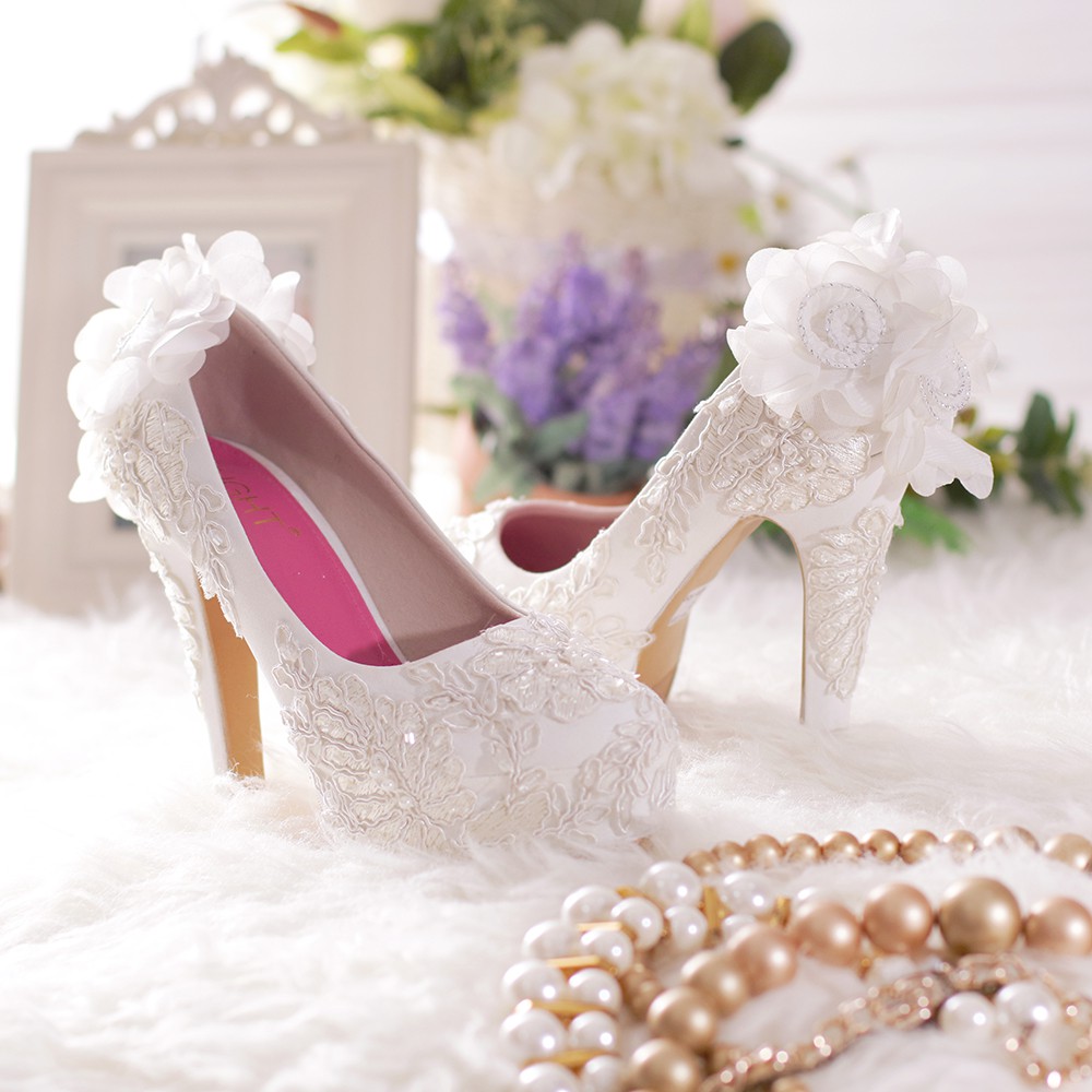 Jual SLIGHT Sepatu Platform Pompom Putih Brokat Lace Wedding Shoes High ...