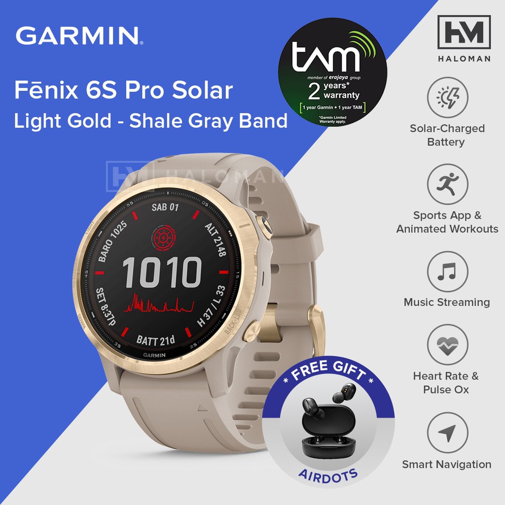 Jual Garmin Fenix 6S Pro Solar Light Gold w/ Shale Gray Band - Garansi ...