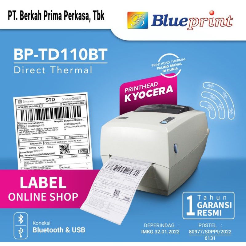 Jual Barcode Printer Thermal Label Resi Pengiriman A6 Blueprint TD110BT ( bluetooth + usb ...