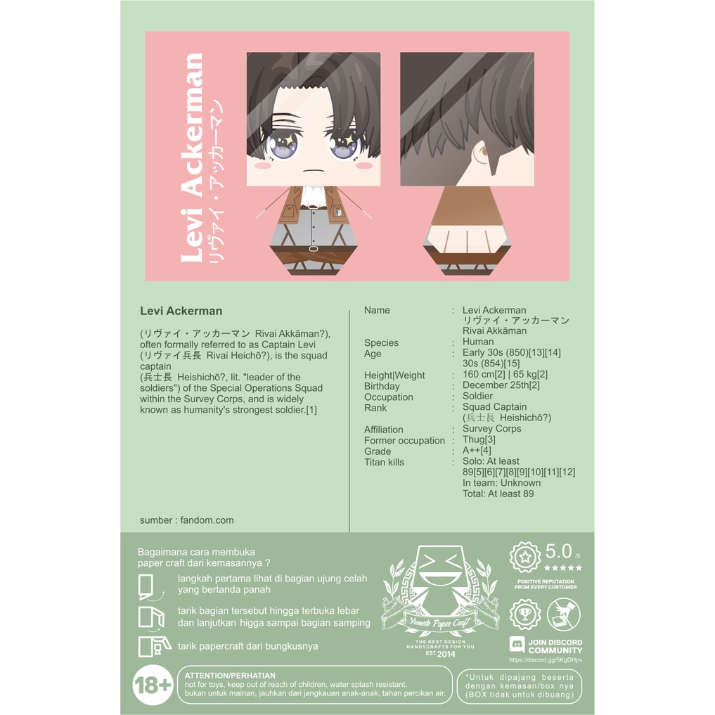 Jual Action Figure Paper Craft Edisi Attack On Titan Levi Ackerman ...