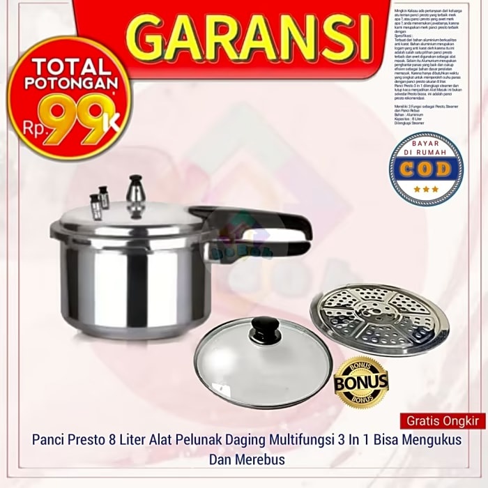 Jual Presto 8 Liter Panci Alat Pelunak Daging Multifungsi 3 In 1 Bisa Mengukus Dan Merebus ...