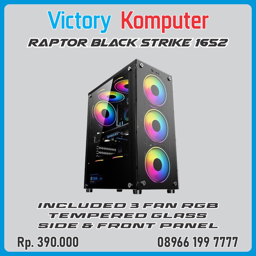 Jual PC Case Casing Raptor Black Strike 1652 Free 3 Fan RGB Tempered ...