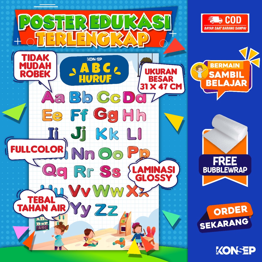 Jual Konsep Poster Edukasi ABC Huruf Aa - Zz Laminasi Glossy Full Color ...