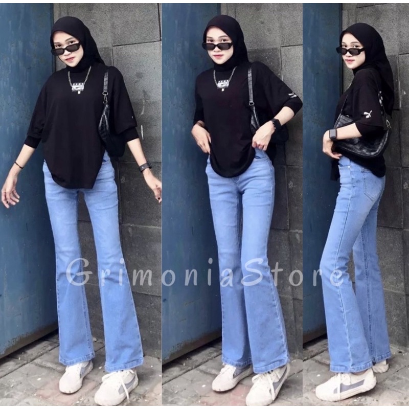 Jual GS -Celana Jeans Zeniva Highwaist Cutbray Flared- Streetch Premium Quality | Shopee Indonesia