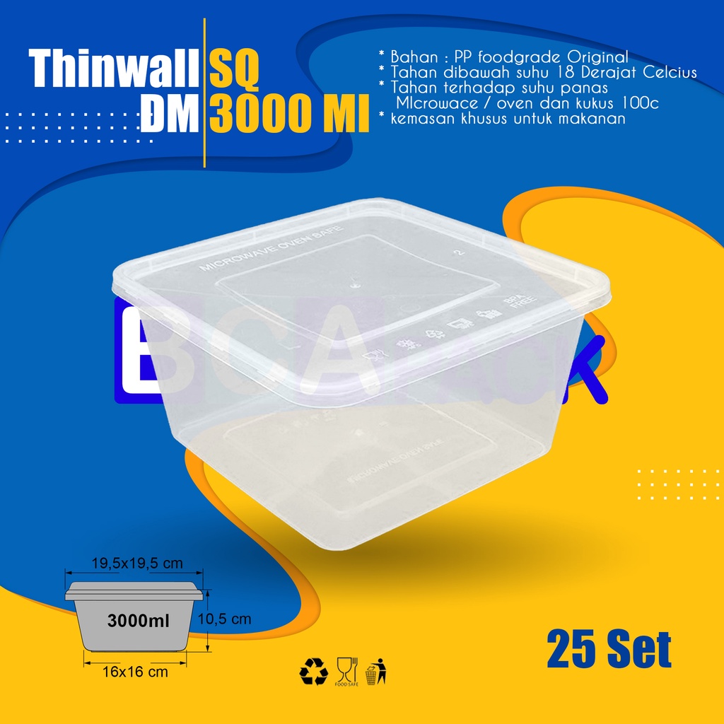 Jual KOTAK THINWALL PERSEGI 3000ML - BOX MAKAN FOOD CONTAINER - 25PCS ...