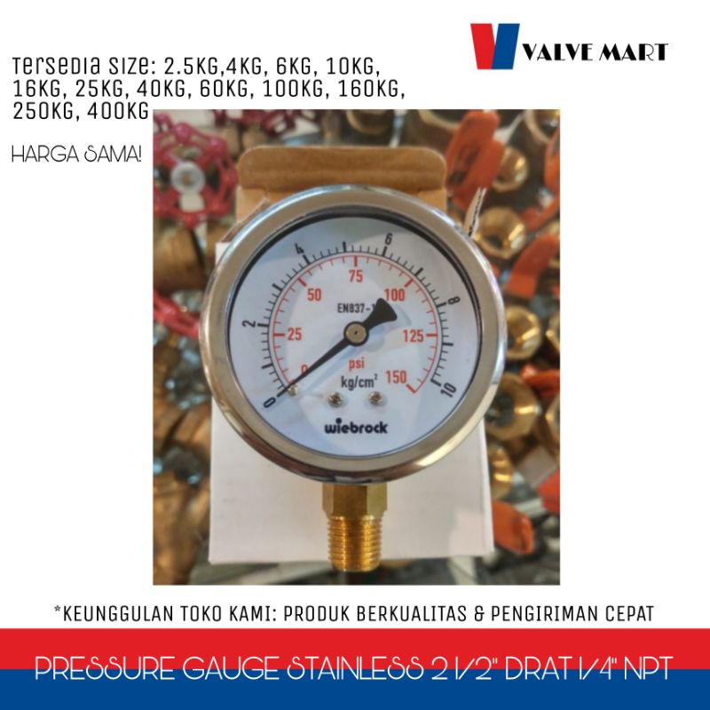 Jual Pressure Gauge Raket Bottom Stainless 2 1/2" inch 2.5 Bar 35 Psi | 4 Bar 60 Psi | 6 Bar 90 ...
