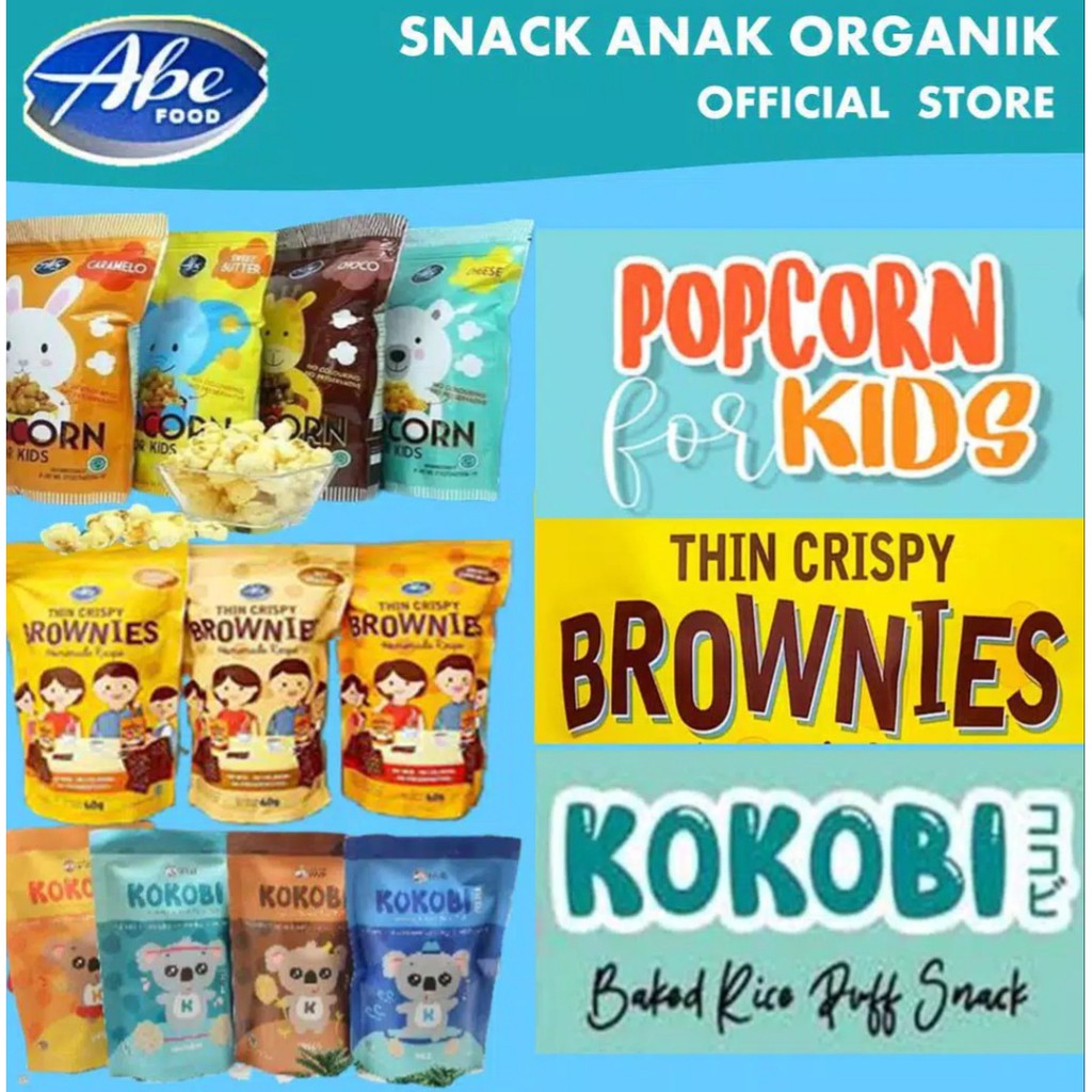 Jual Abe Food Popcorn For Kids dan Kokobi Yummy Backed Rice Puff ...