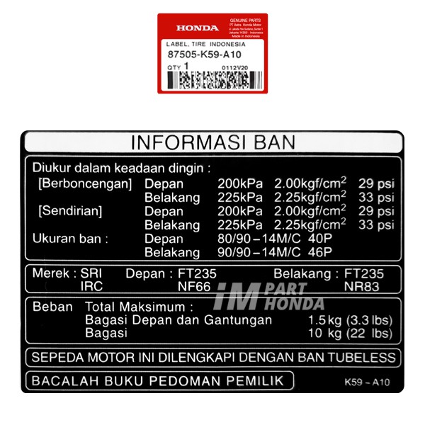 Jual 87505-K59-A10 Label Tire Stiker Informasi Tekanan Angin Ban Beat ...