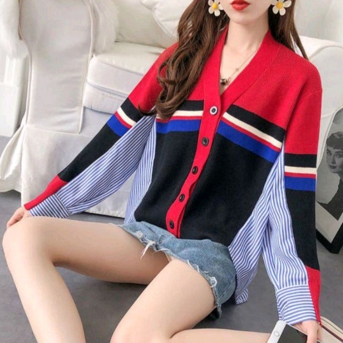 Jual 39004 Baju outer cardigan luaran rajut kombinasi katun salur stripe lengan panjang Korea ...
