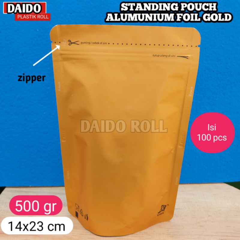 Jual ISI 100 PCS Standing Pouch GOLD 500gr 14x23cm KPACK Kemasan Kopi ...