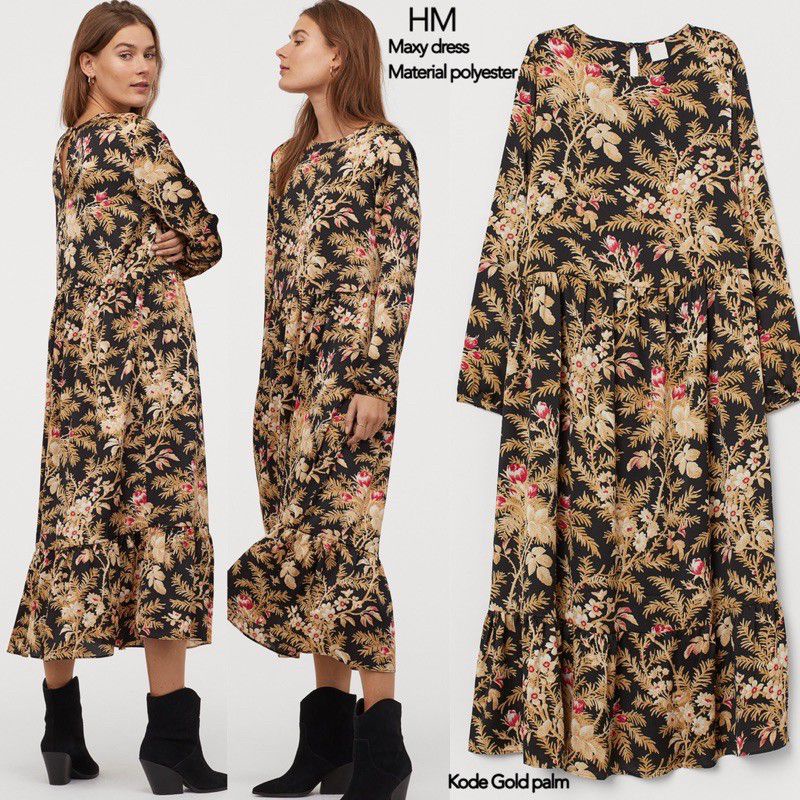 Jual Hm longsleeved maxy dress Gold Palm( Baca note) | Shopee Indonesia