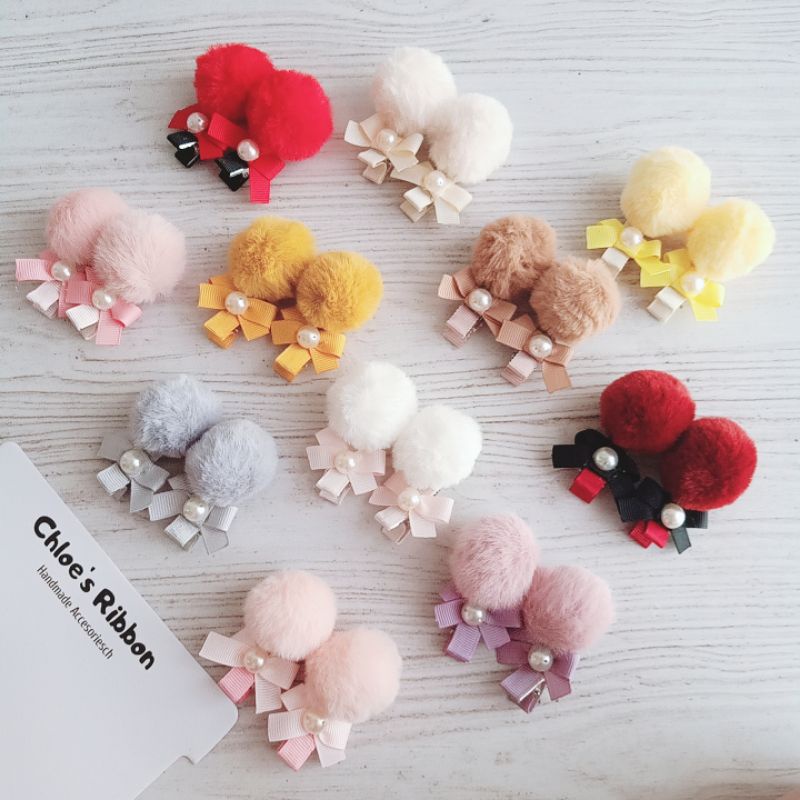 Jual Chloe's Ribbon | Handmade Hairclip Set Jepit rambut DUO POMPOM ...
