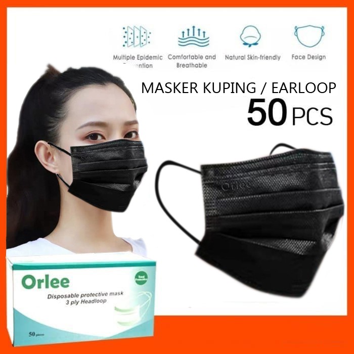 Jual Masker 3 ply Full Black Orlee Medis 3ply Earloop Kemenkes 50 Black ...
