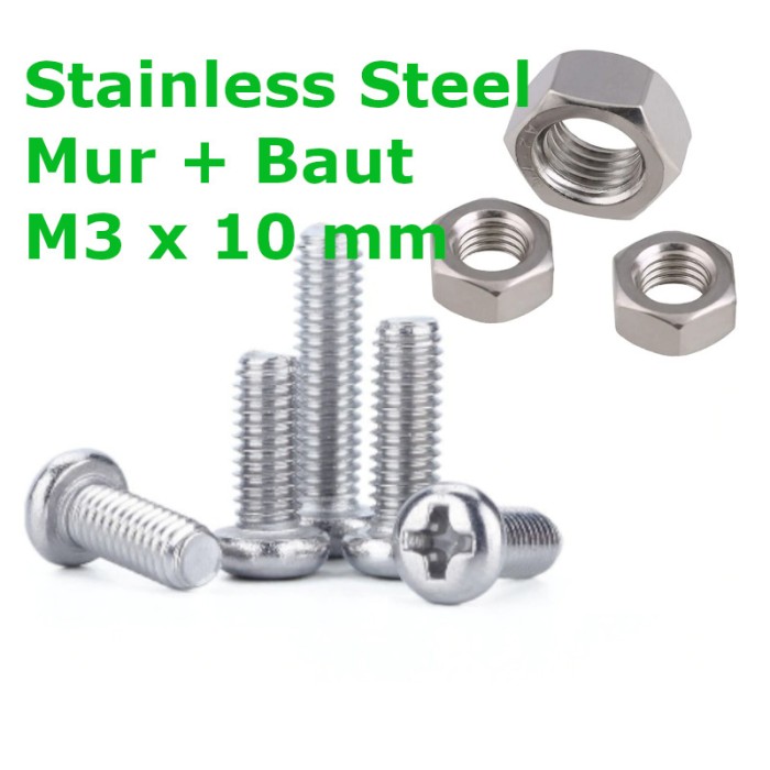 Jual Mur Baut M3x10mm Stainless Steel 304 M3 x 10 mm Round Head Screw Bolt | Shopee Indonesia