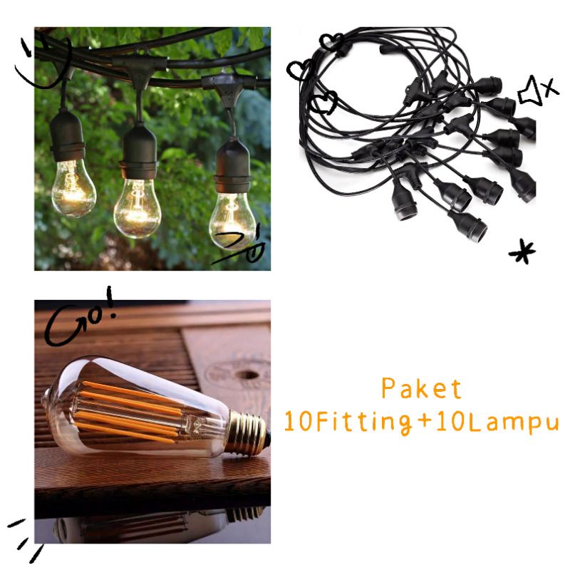 Jual PAKET FITTING LAMPU GANTUNG OUTDOOR ( 10 FITING KABEL + 10 LAMPU FILAMEN 4WATT ) SET 10 ...