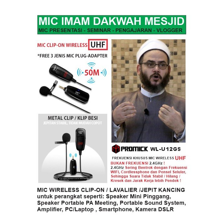 Jual MIC MIKROPON MICROPHONE WIRELESS CLIP-ON JEPIT UHF - PROMICK WL ...