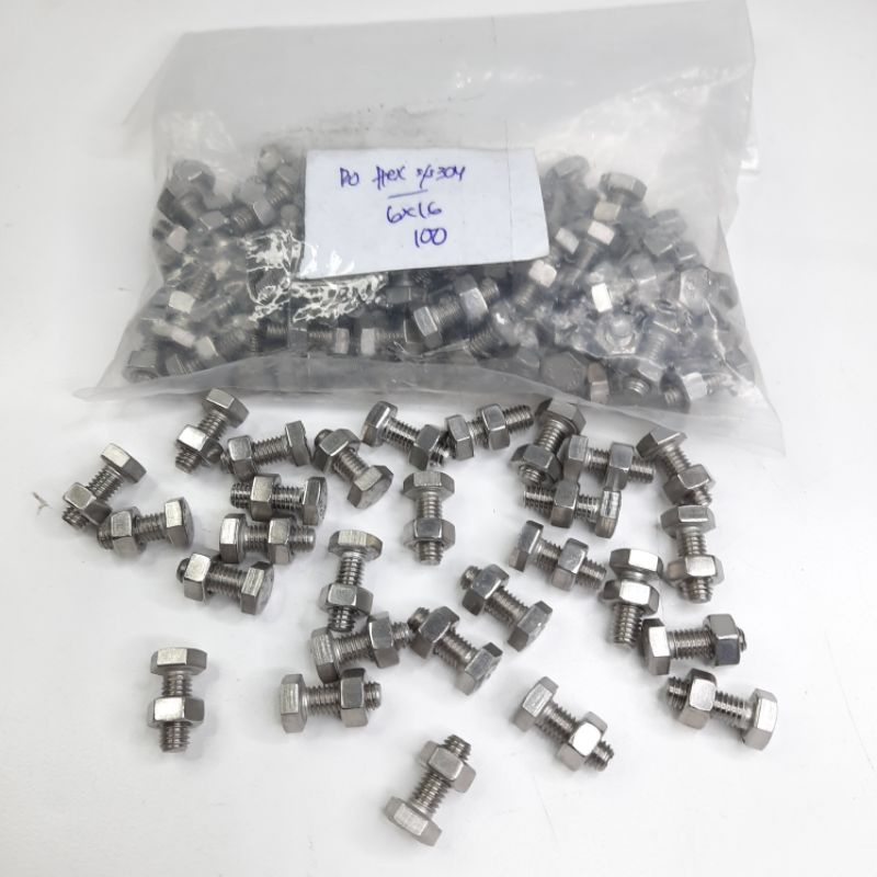 Jual Baut + Mur Hex Bolt + Nut Stainless SS 304 M 6 X 16 mm (Per Set) | Shopee Indonesia