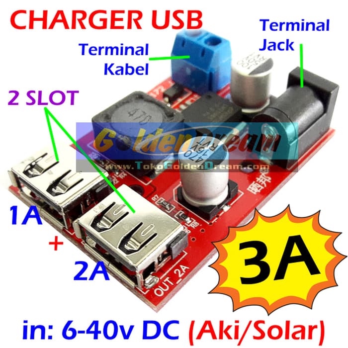 Jual 2 Slot Charger USB 3A dari Aki 12v 6-40v DC Mobil Motor Solar ...