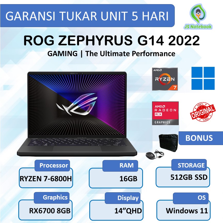 Jual ASUS ROG ZEPHYRUS G14 2022 GA402 RX6700 8GB RYZEN 7 6800H 16GB 512SSD W11+OHS 14.0QHD-GREY ...