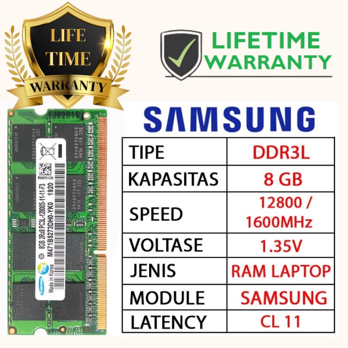 Jual RAM LAPTOP SAMSUNG DDR3L 8GB 12800/1600MHz ORI RAM SODIMM 1.35v 8GB | Shopee Indonesia