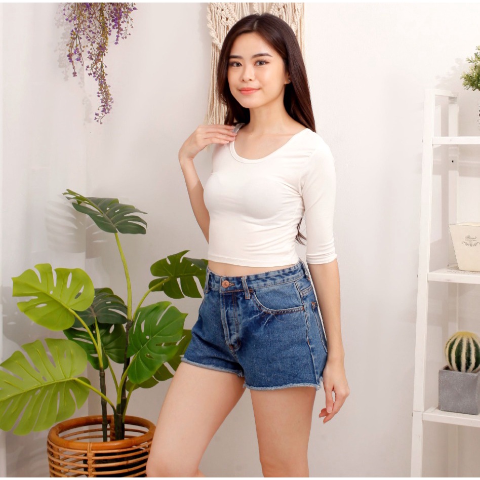 Jual CAVALU Korean Sexy Crop Top Kaos Lengan 3/4 Baju Atasan Wanita 085 ...