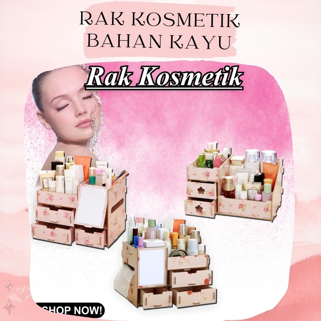 Jual Rak Kosmetik Kayu cosmetic storage dengan tempat tissue dan cermin ...